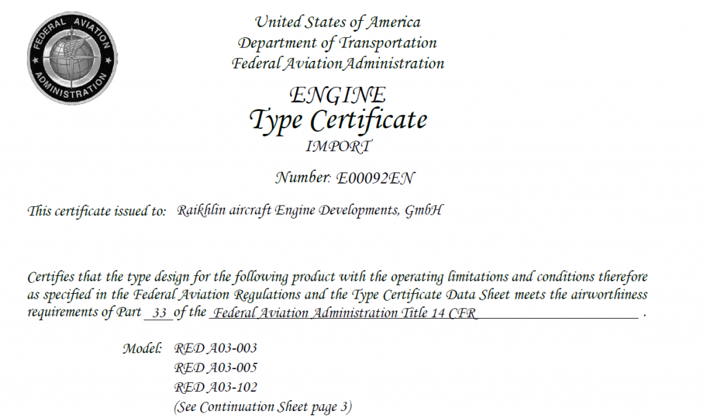 FAA type certificate E00092EN amended. – RED Aircraft